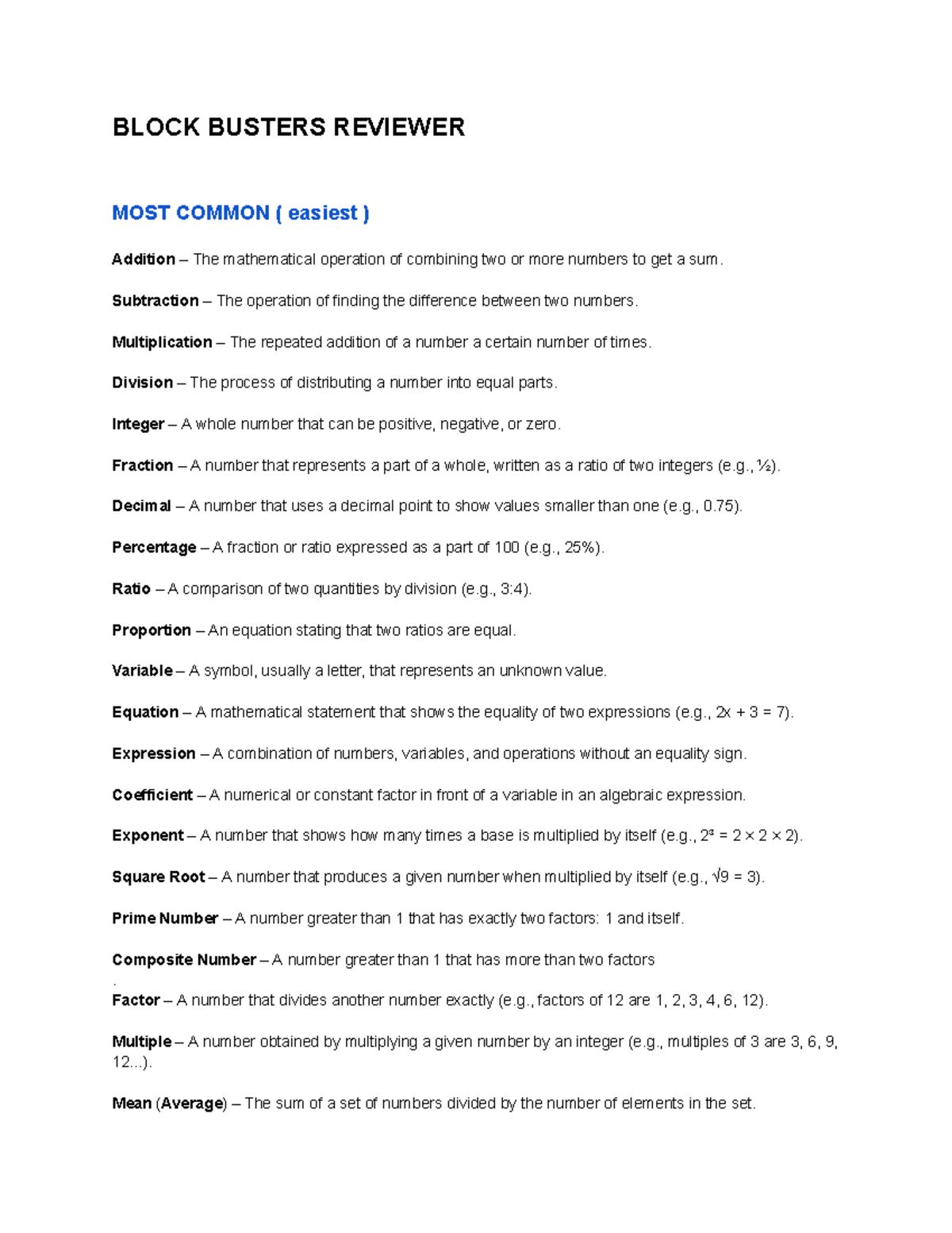 BLOCK BUSTERS REVIEWER: COMMON MATH CONCEPTS & OPERATIONS - Studocu