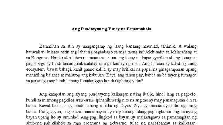 Sanaysay: Ang Pundasyon ng Tunay na Pamamahala (2nd Periodical Exam ...