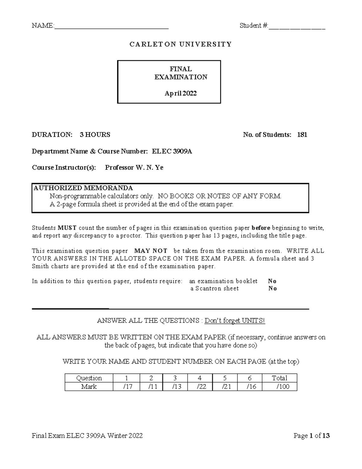 ELEC 3909A Final Exam April 2022 - Carleton University - Studocu