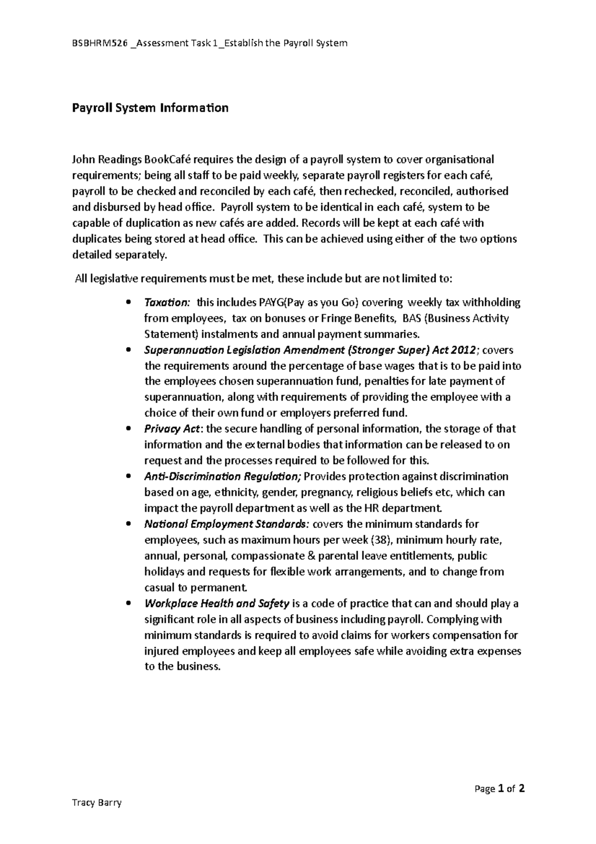 Payroll System Design Overview - BSBHRM526 Assessment Task 1 - Studocu