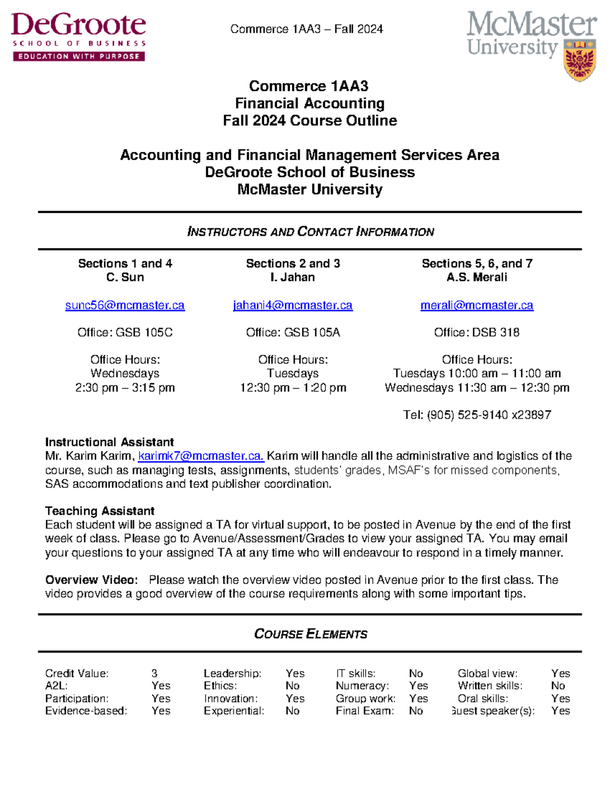 Commerce 1AA3 Fall 2024 Financial Accounting Course Outline - Studocu