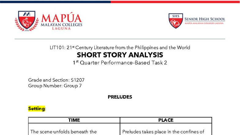 LIT101: Short Story Analysis of "Preludes" - Gender Inequality Theme - Studocu