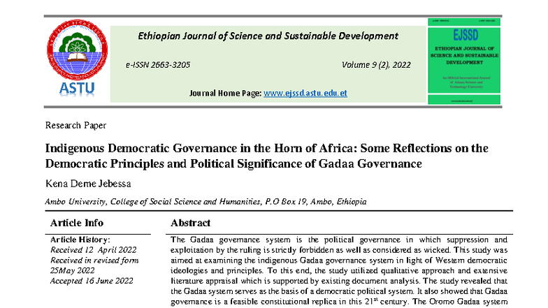 Indigenous Democratic Governance: Insights from the Gadaa System in ...