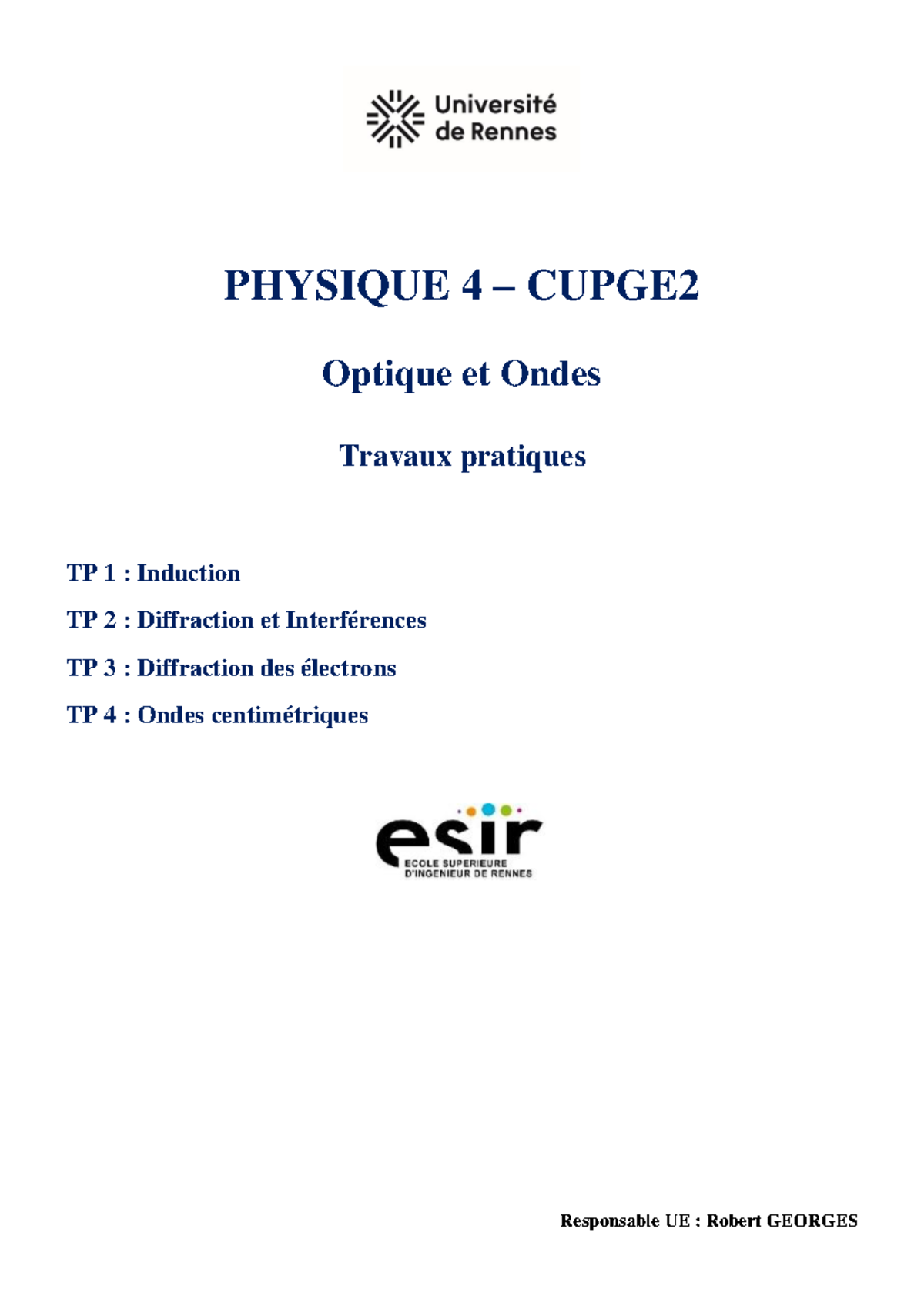 PHYSIQUE 4 CUPGE2 TP sur Optique et Ondes : Induction, Diffraction ...
