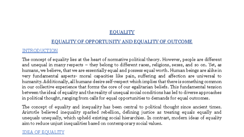 EQUALITY OF OPPORTUNITY AND OUTCOME: A COMPREHENSIVE STUDY - Studocu