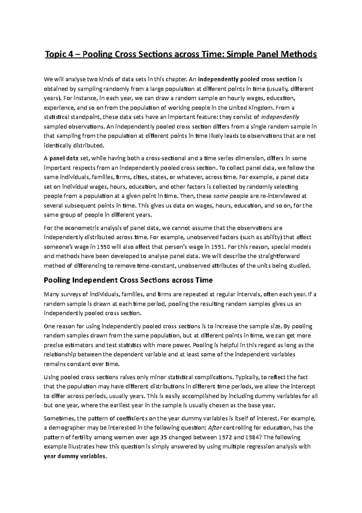 Topic 4 - Pooling Cross Sections across Time - Simple Panel Data Methods - Topic 4 – Pooling ...