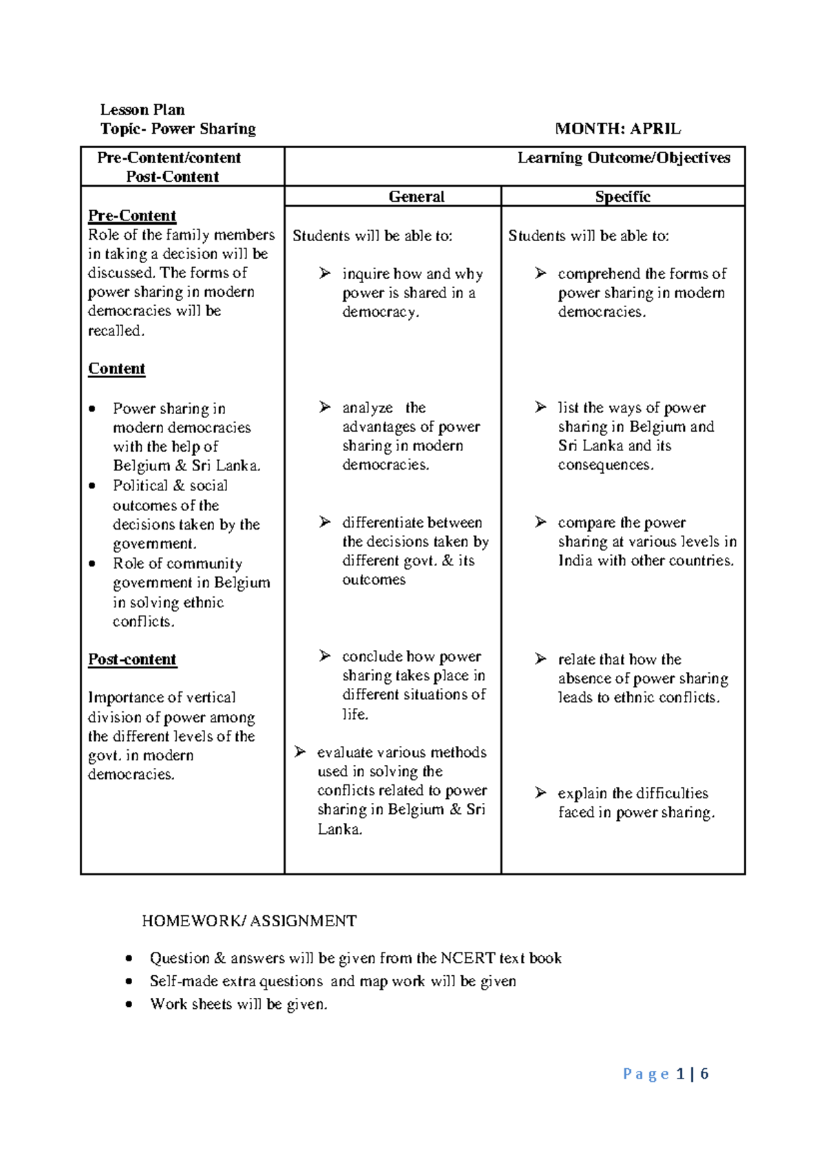 Chapter 1 - Power Sharing: Lesson Plan for April - Studocu