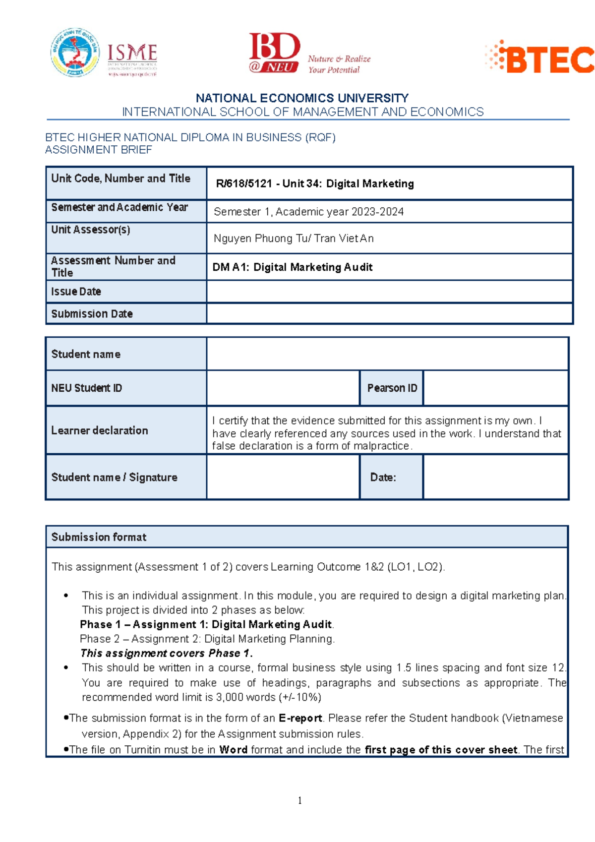Hdan lam DM A1 - dm a1 - NATIONAL ECONOMICS UNIVERSITY INTERNATIONAL ...