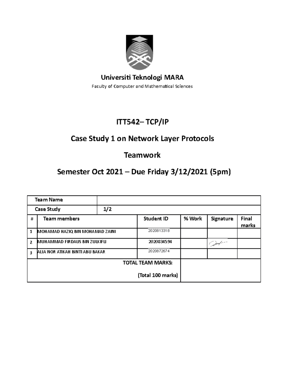 ITT542 Case Study 1 Network Layer protocol QU - TCP/IP - UiTM - Studocu