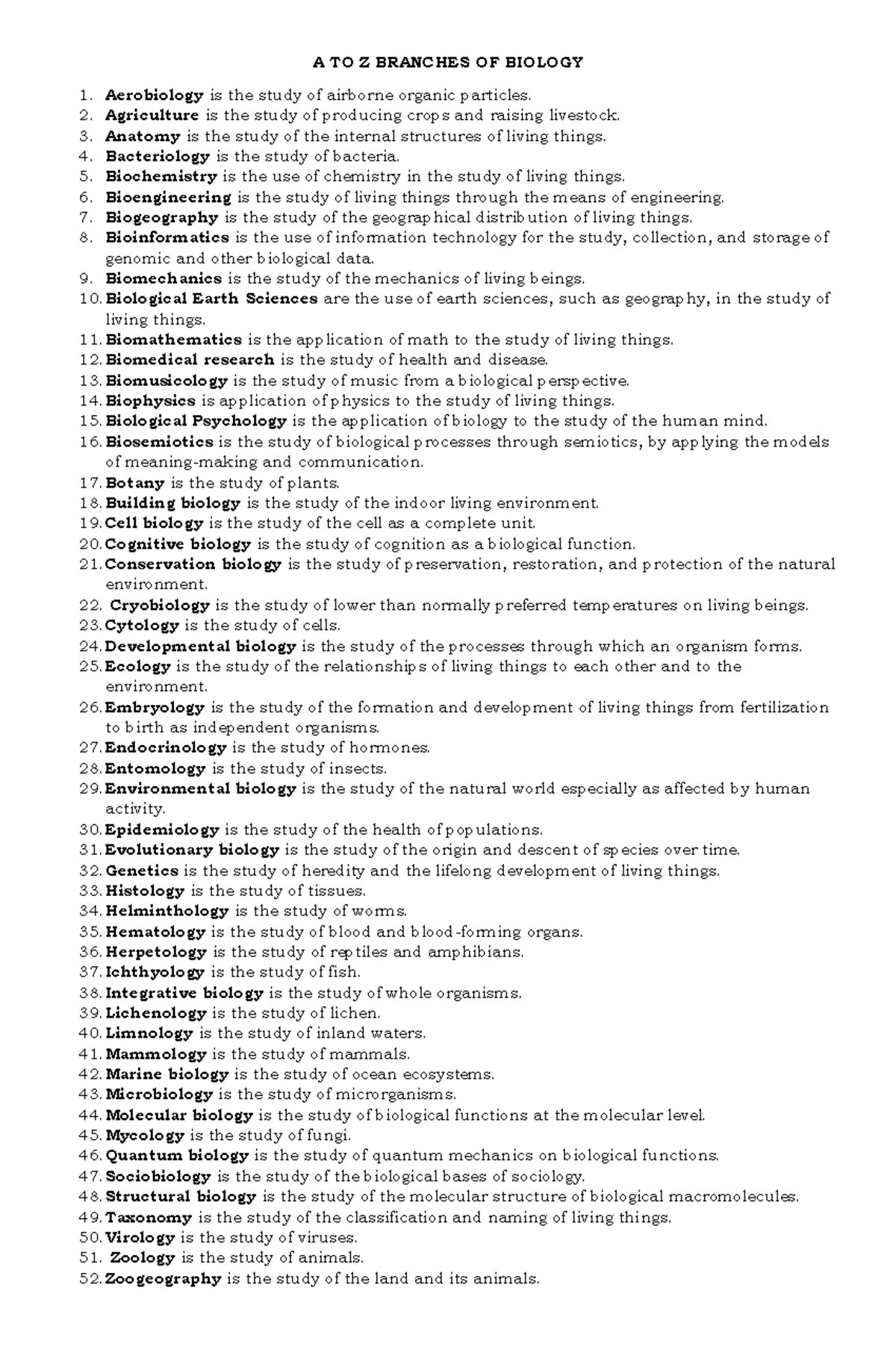 A-Z Branches of Biology: Overview and Key Disciplines - Studocu