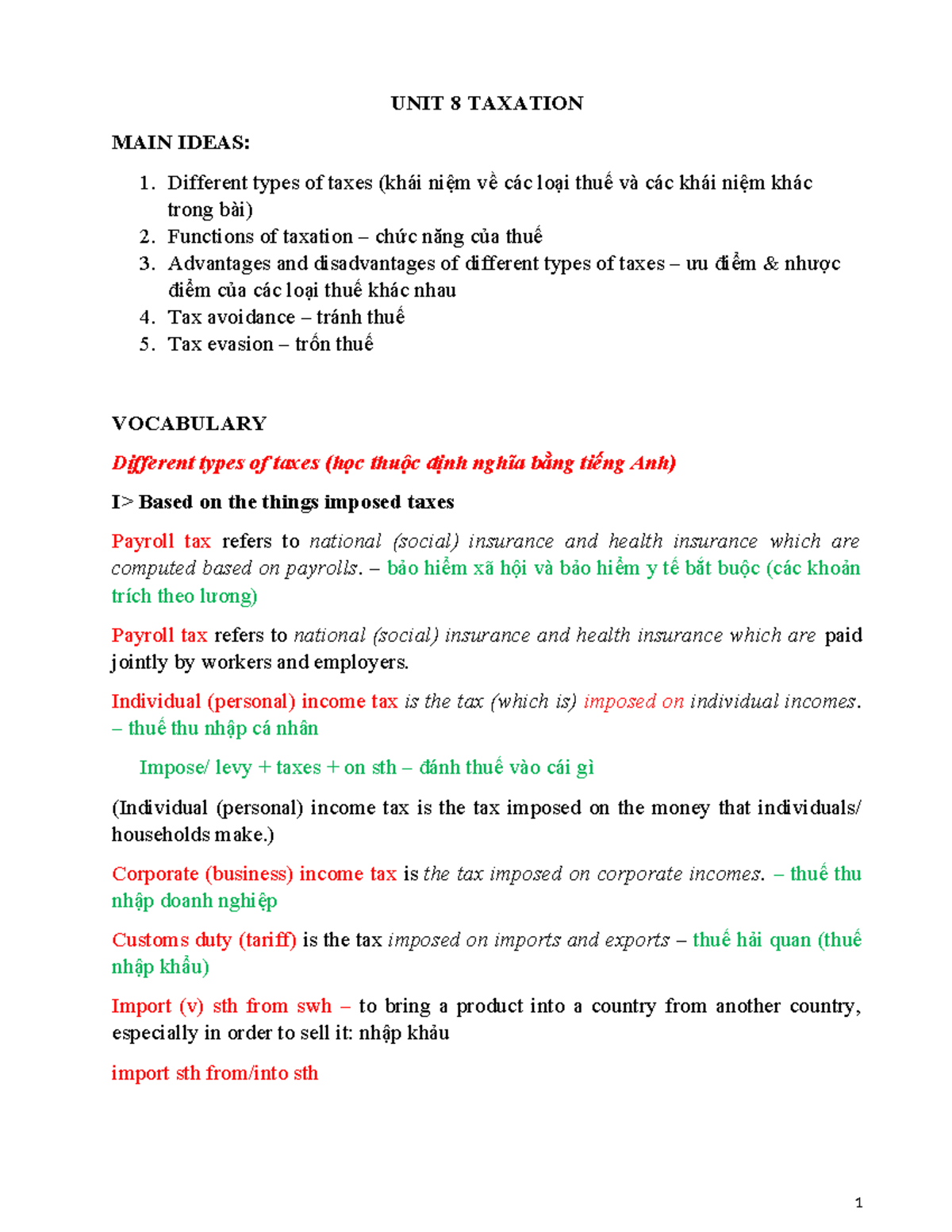 UNIT 8 TAXATION: Key Concepts, Functions, and Implications - Studocu