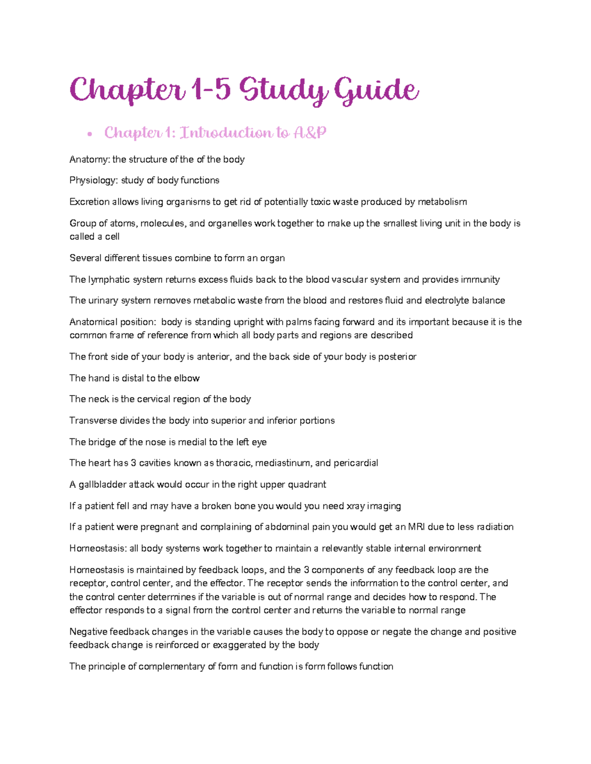 Anatomy & Physiology Study Guide: Chapters 1-5 Overview - Studocu