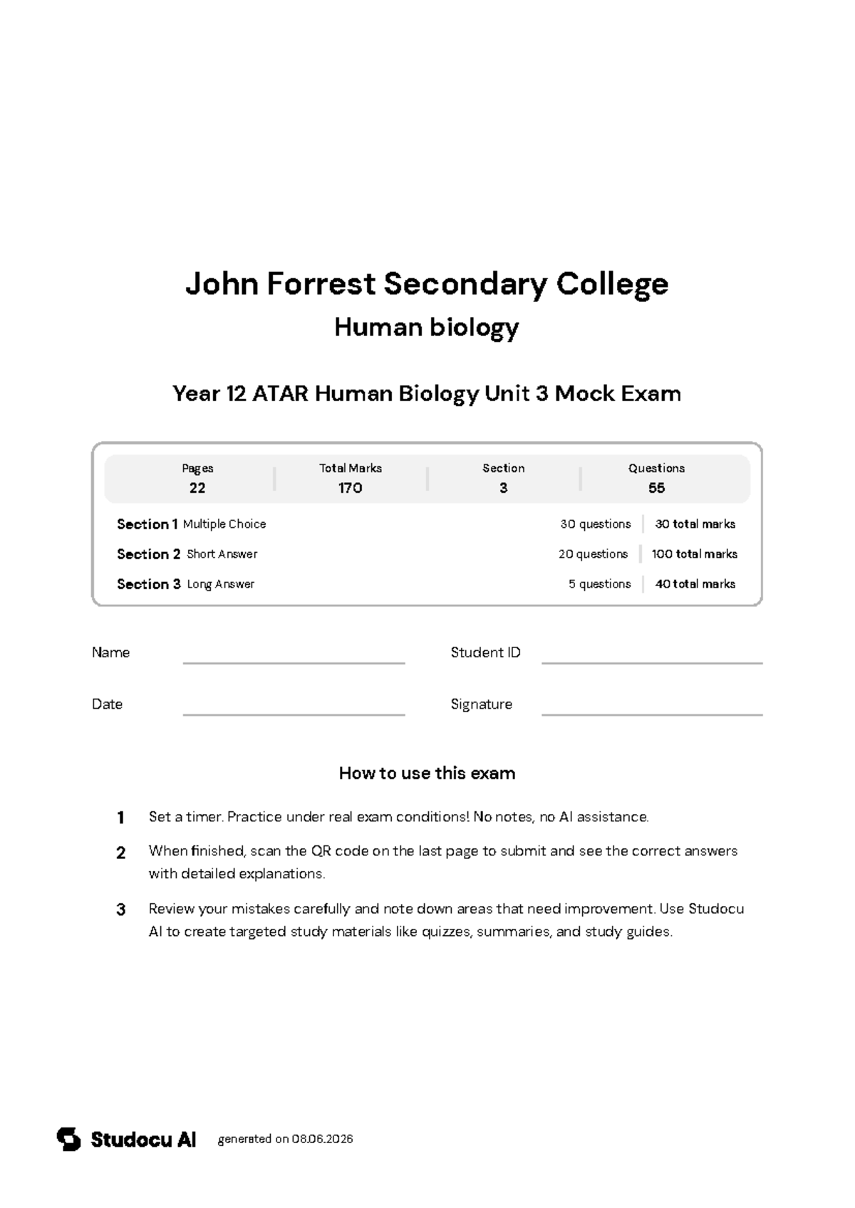 Year 12 ATAR Human Biology Unit 3 Mock Exam - Studocu