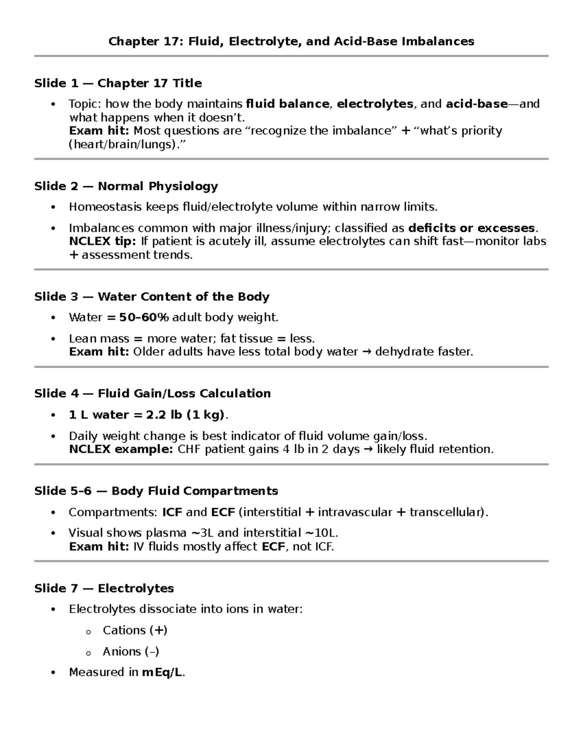 Chapter 17: Fluid, Electrolyte, and Acid-Base Imbalances Overview - Studocu