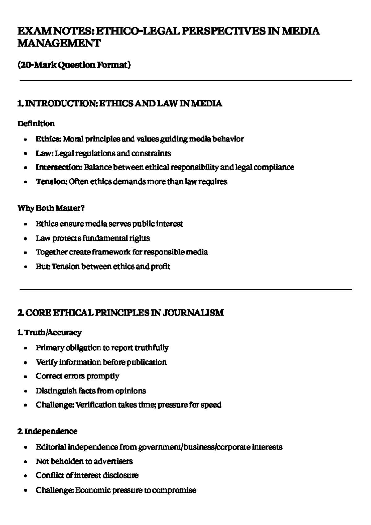 EXAM NOTES: ETHICS & LAW IN MEDIA MANAGEMENT (Course Code: ELM101 ...