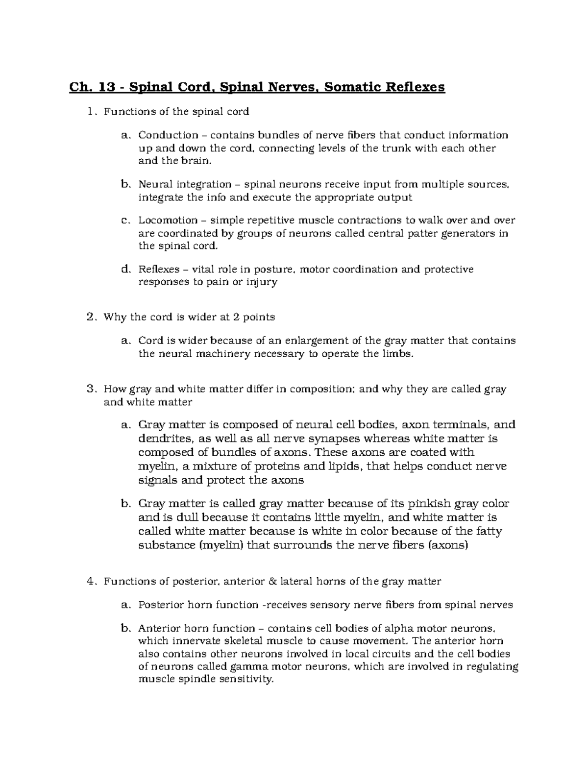 Exam 2 Chapter 13 Study Guide - Ch. 13 - Spinal Cord, Spinal Nerves ...