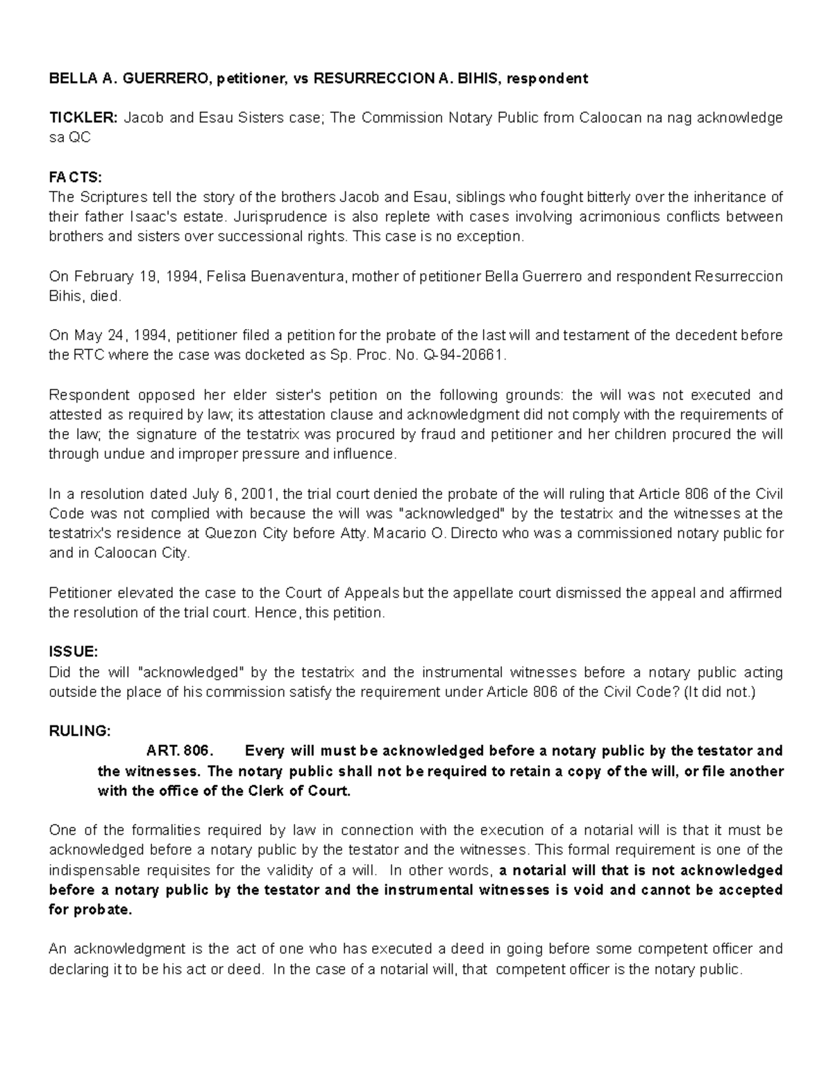 Guerrero vs Bihis: Successional Rights Dispute and Will Acknowledgment ...