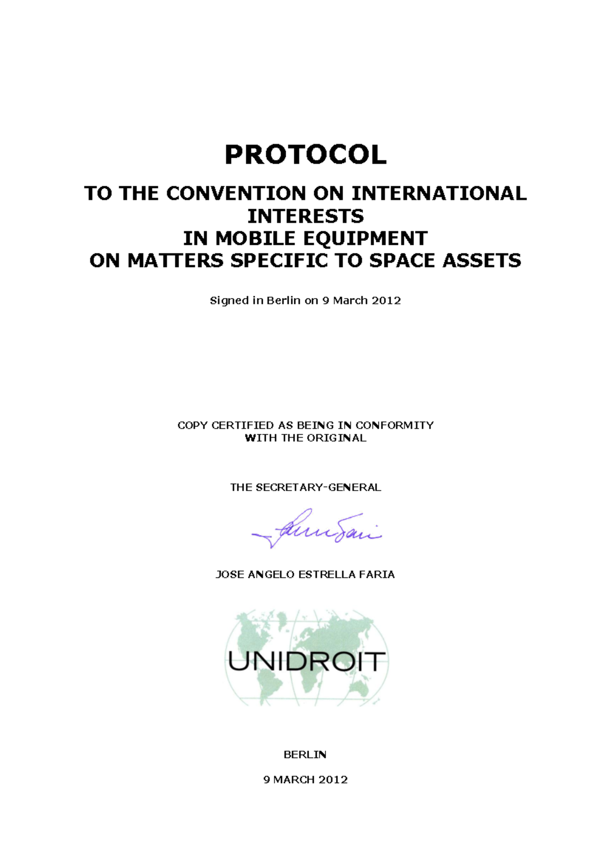Protocol on International Interests in Mobile Equipment for Space ...
