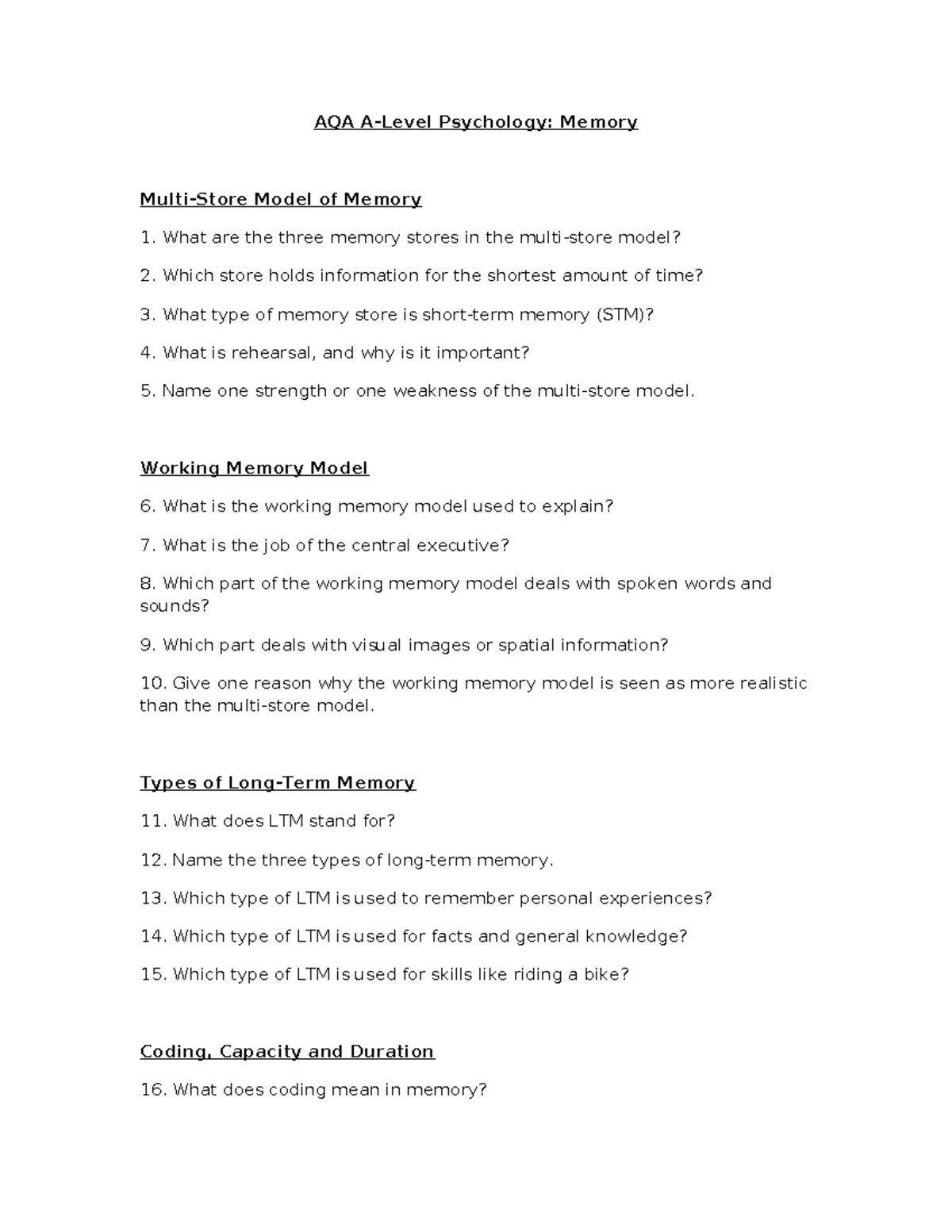 AQA Psychology: 30 Memory Revision Questions for Exam Prep - Studocu