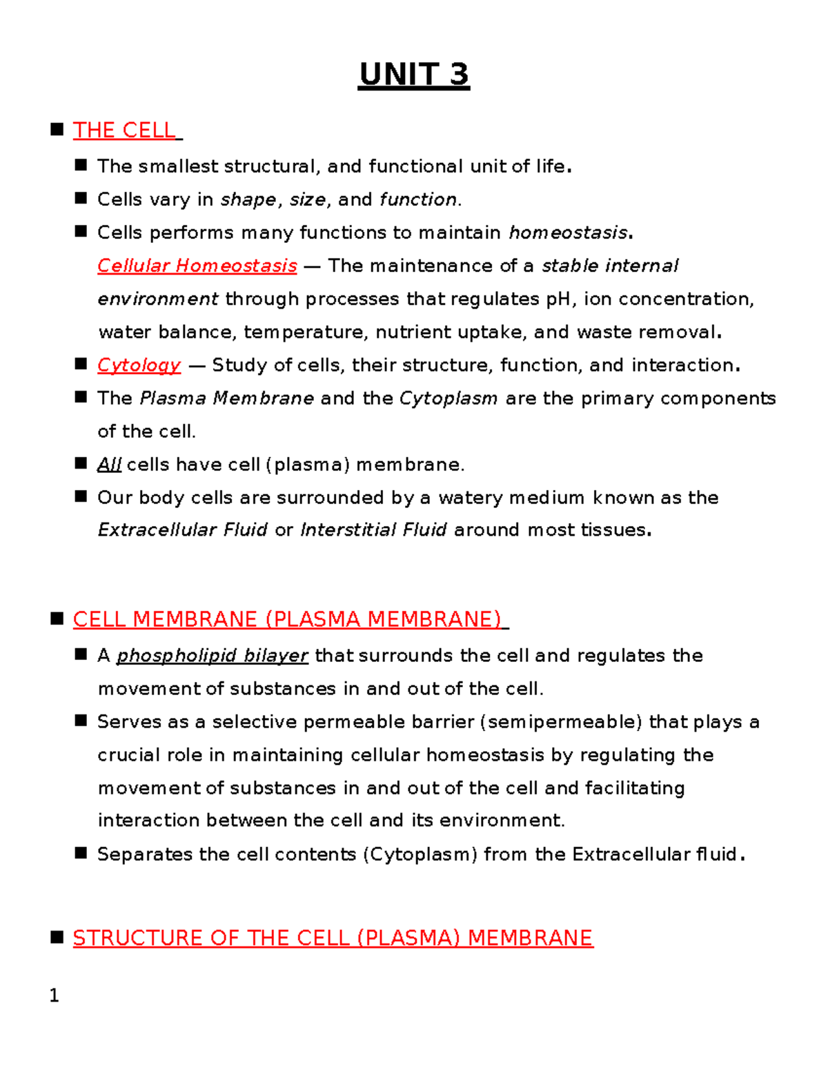 UNIT 3 Notes - A&P Theory: The Cell Structure & Function Overview - Studocu