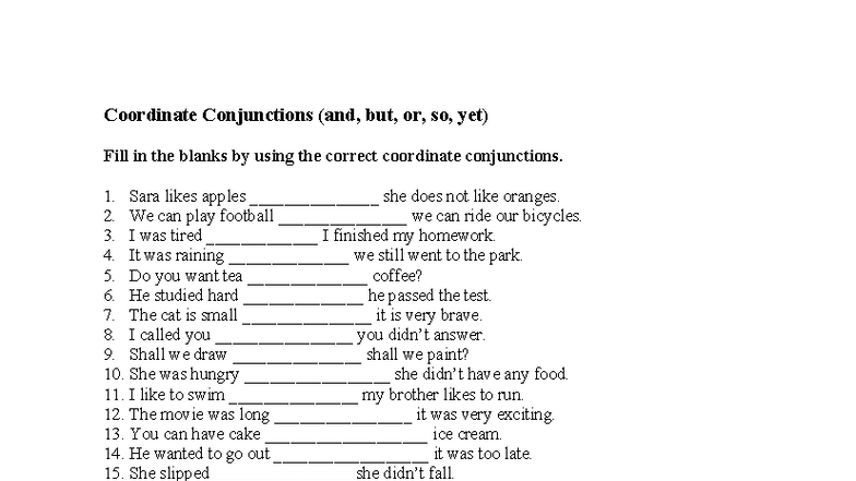 Coordinate and Subordinate Conjunctions Fill-in-the-Blanks Exercise ...