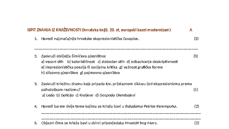 Ispit Znanja IZ Knjievnosti 4 razred od ekspresionizma do kasnog ...
