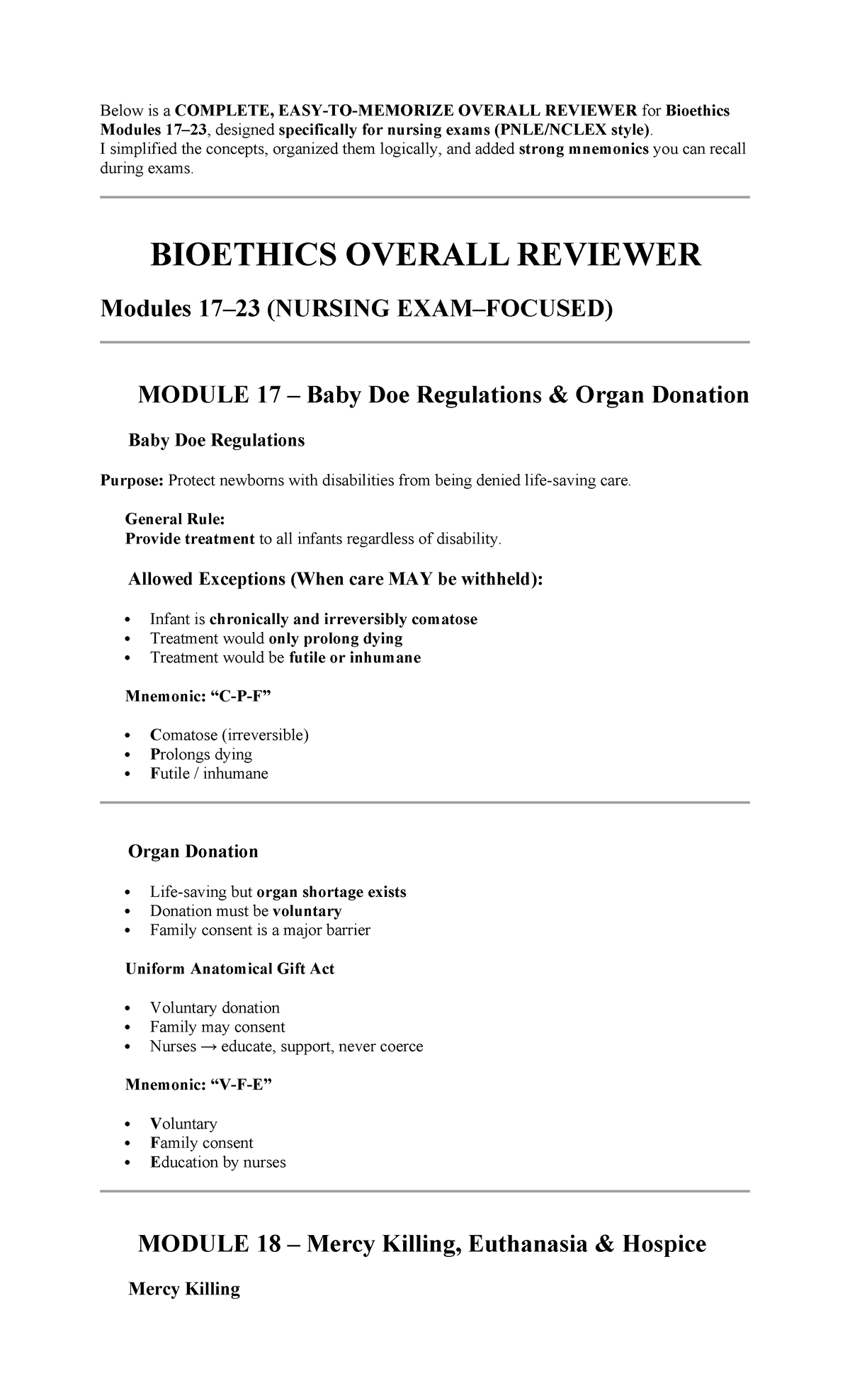 NURSING MODULE 17-23: Comprehensive Bioethics Reviewer with Mnemonics ...