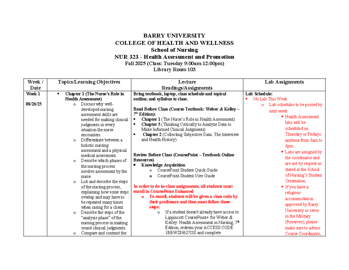NUR 323 - Health Assessment and Promotion Topical Outline (Fall 2025 ...