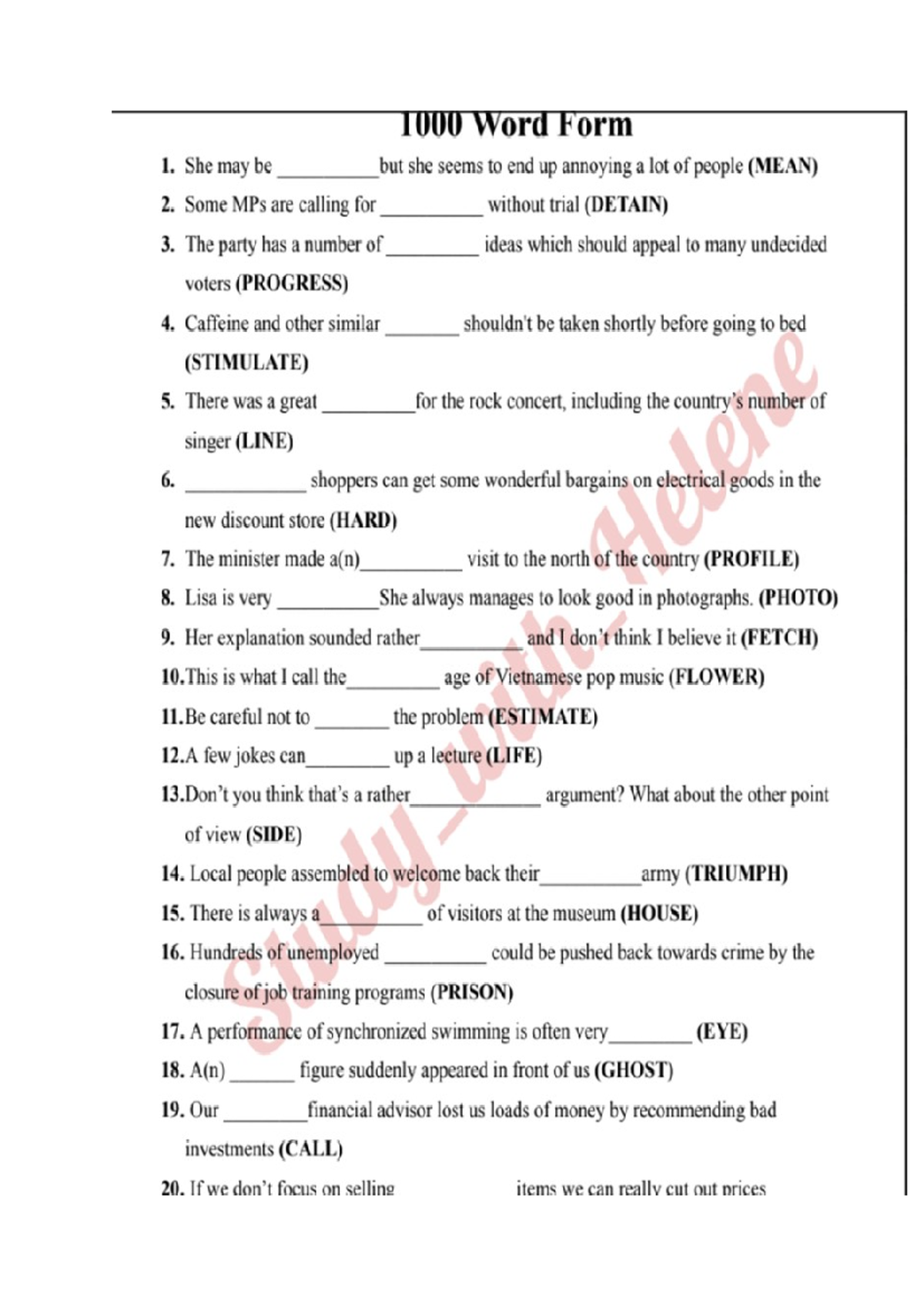 20wf - Word Form Exercises and Answers - Studocu