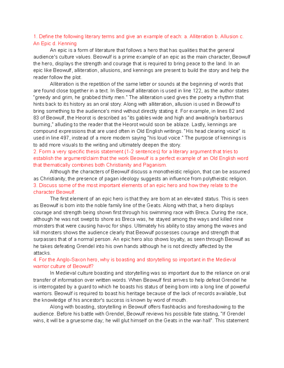 Unit 2 Beowulf: Literary Terms and Epic Hero Analysis - Studocu