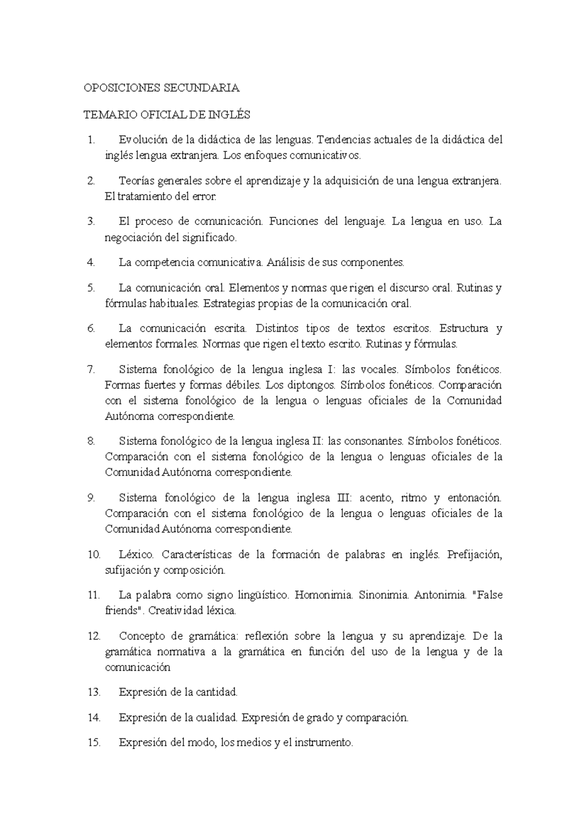 Temario Oficial Oposiciones Secundaria Inglés 2023: Guía Completa - Studocu