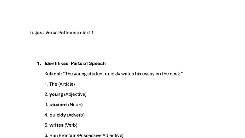 Tugas: Verbs Patterns in Text 1 - Parts of Speech Analysis - Studocu