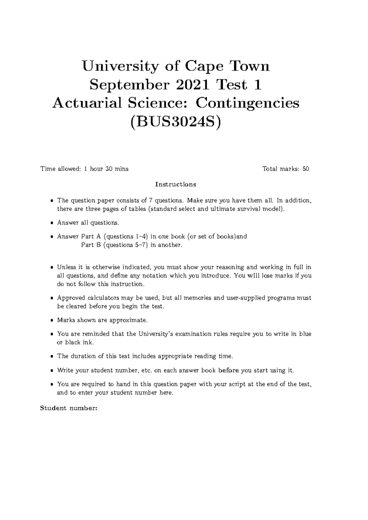 BUS3024S 2021 Test 1 - Actuarial Science Questions and Instructions ...