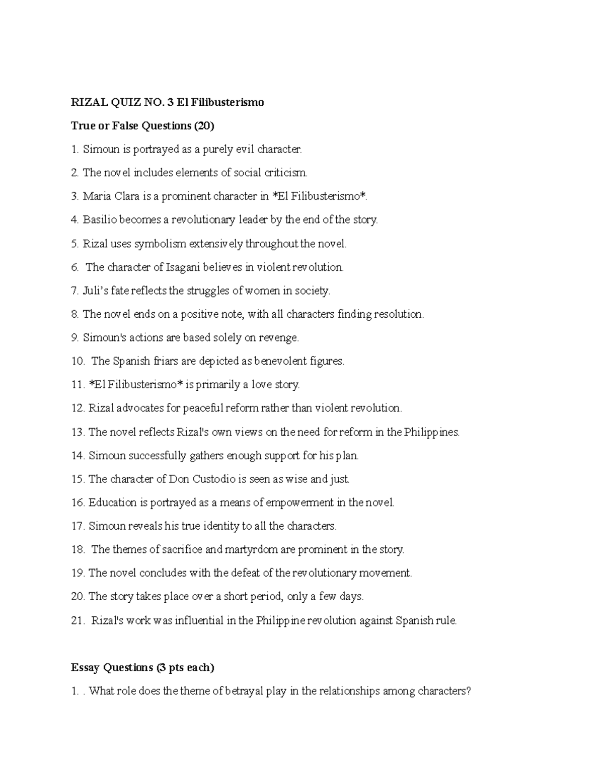 RIZAL QUIZ NO. 3: El Filibusterismo True/False & MCQs - Studocu
