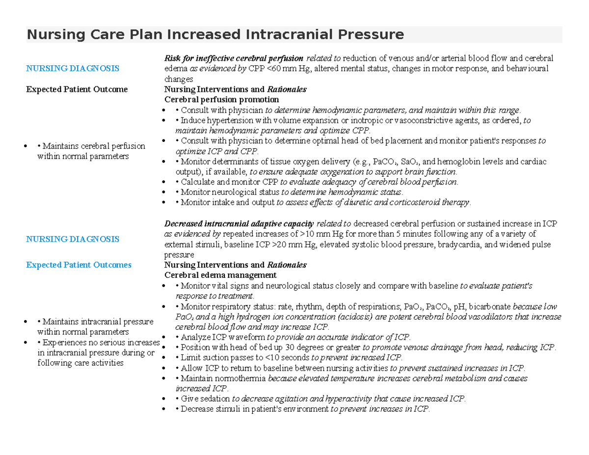 Nursing Care Plan for Increased Intracranial Pressure (ICP) Management ...
