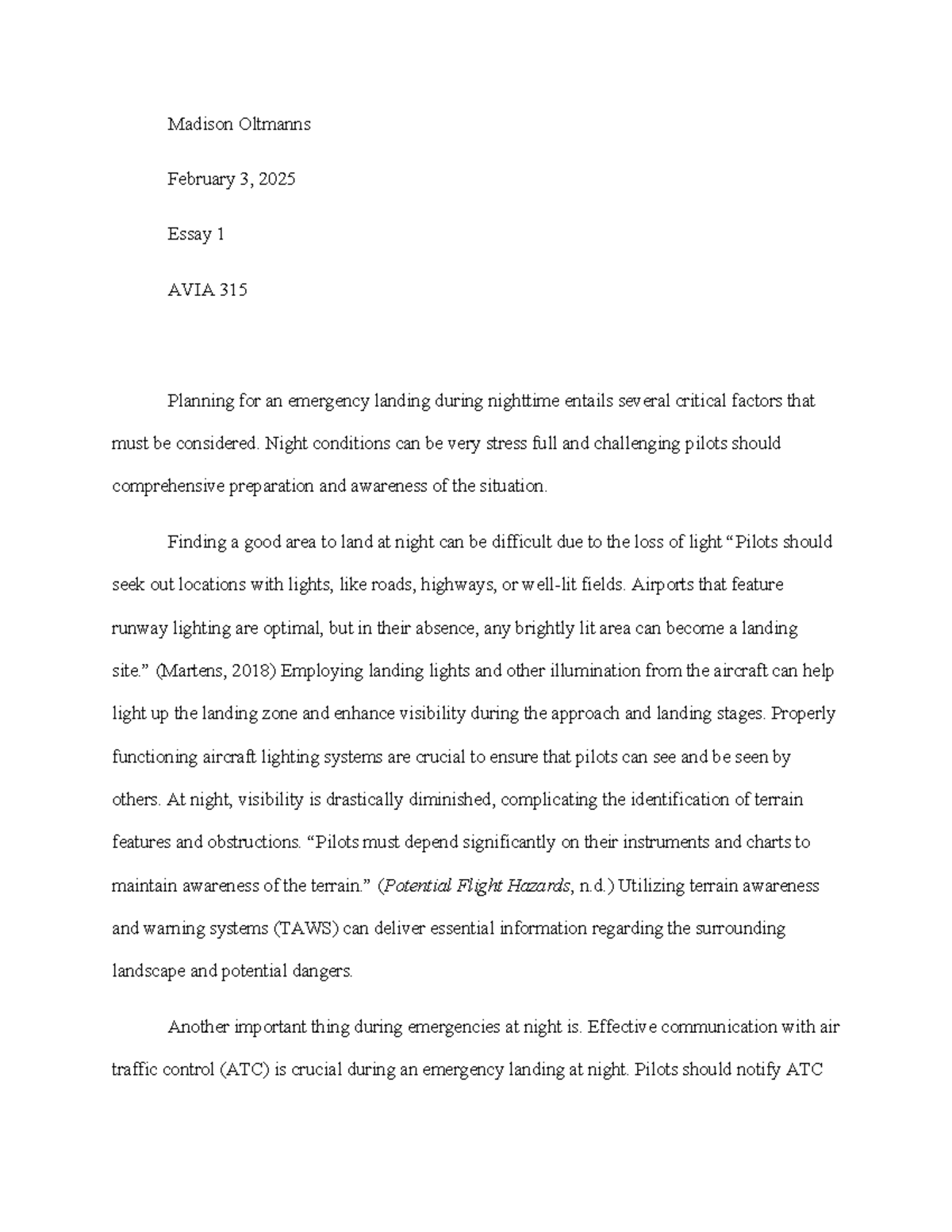 AVIA 315 Essay 1: Emergency Landing Strategies for Nighttime Conditions ...