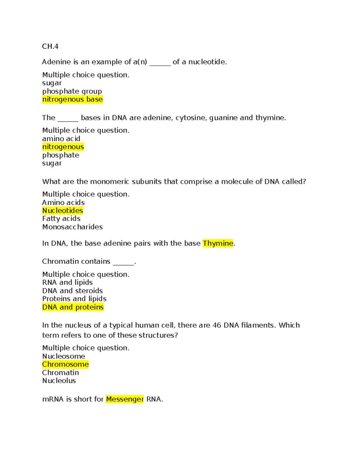 CH4 Quiz Question Bank: DNA Structure & Function in A&P 1 - Studocu