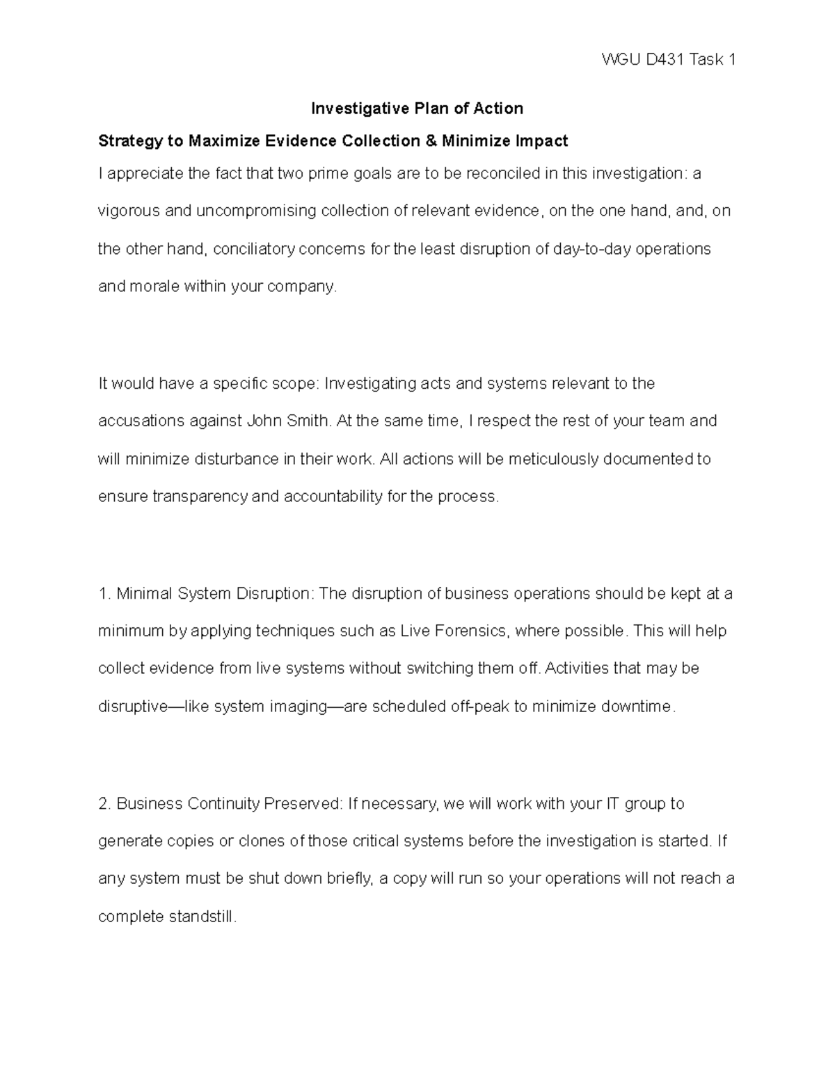 WGU D431 Task 1: Investigative Plan for Evidence Collection & Analysis ...