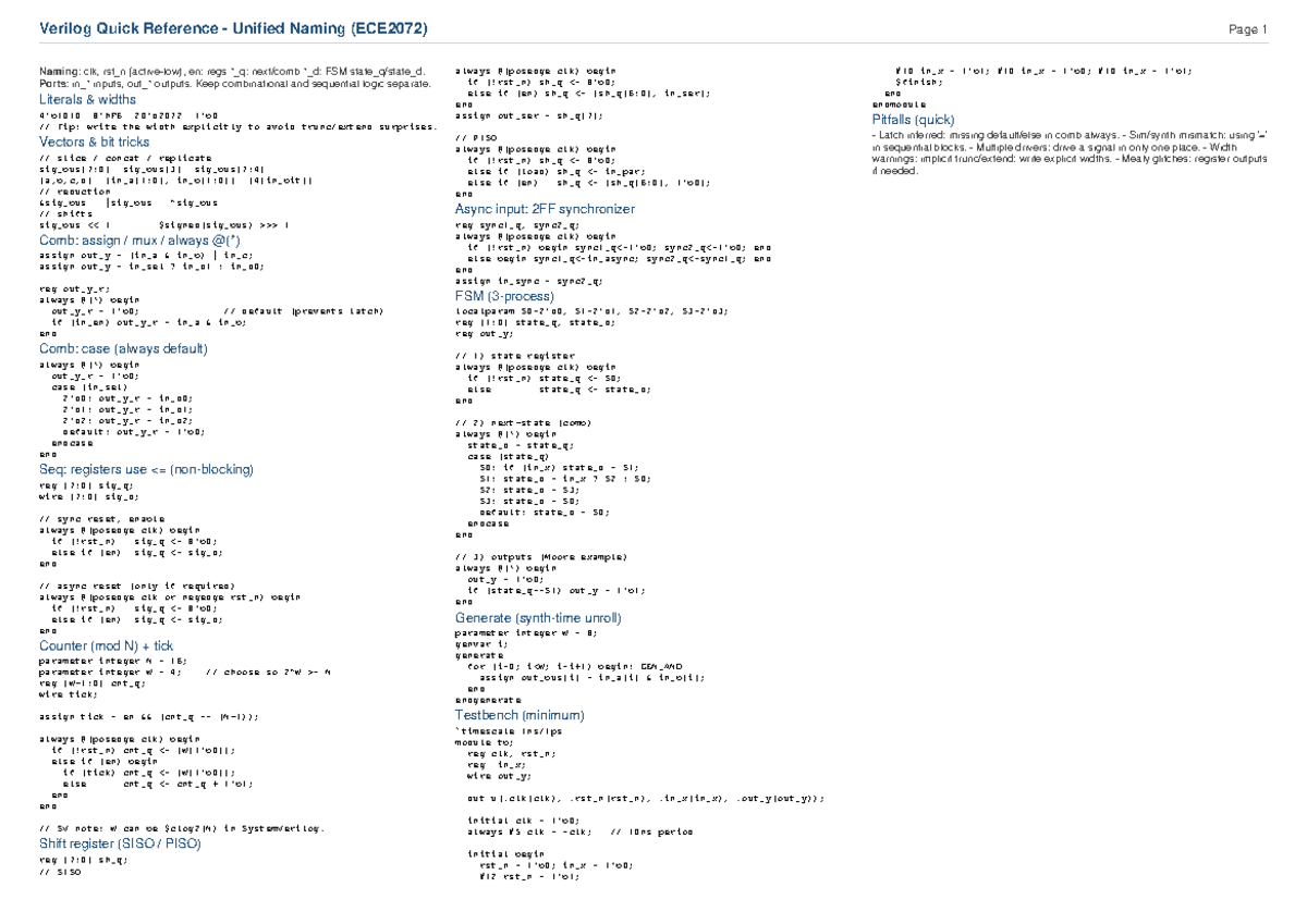 ECE2072 Verilog Quick Reference Cheatsheet for Logic Design - Studocu