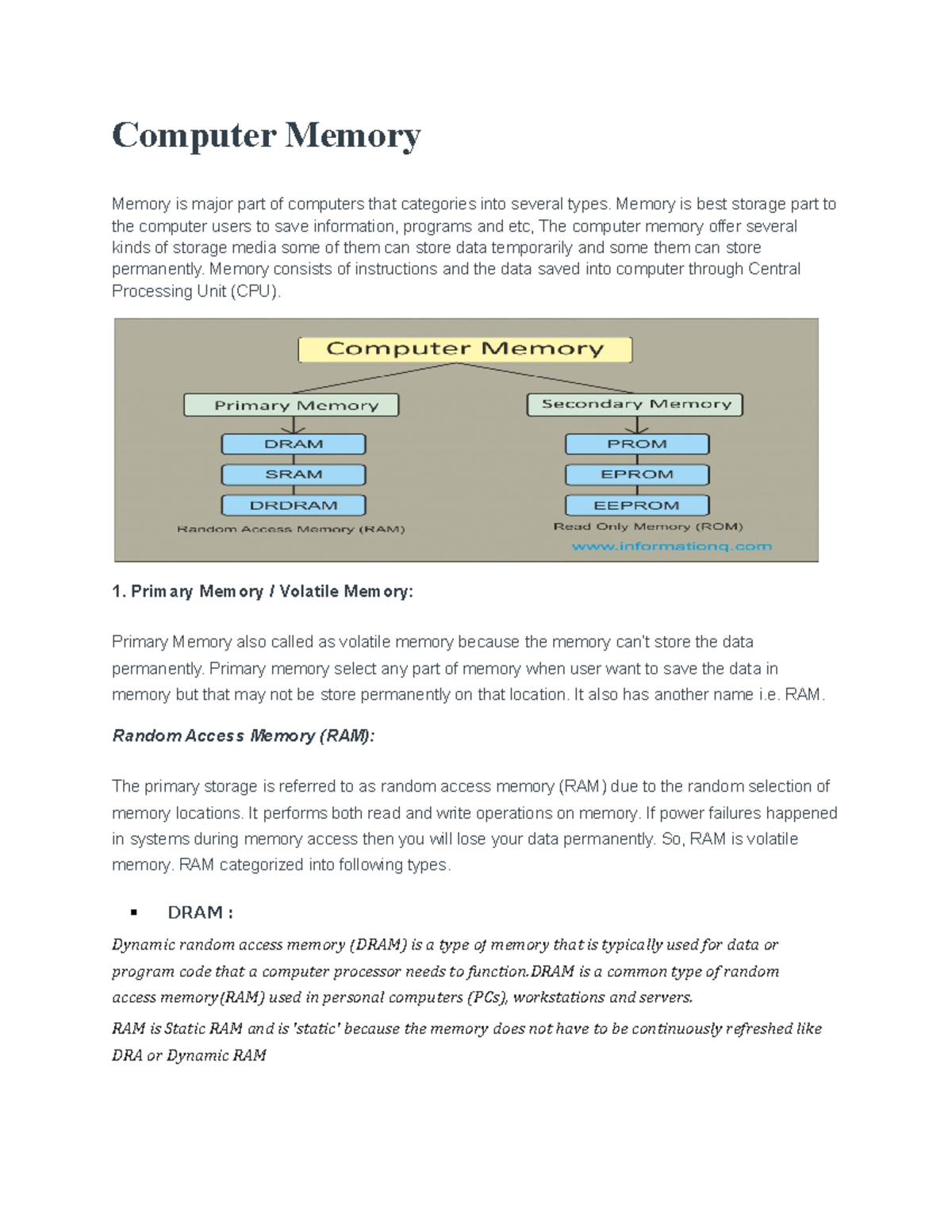 Computer Notes - BCA - Computer Memory Memory is major part of ...