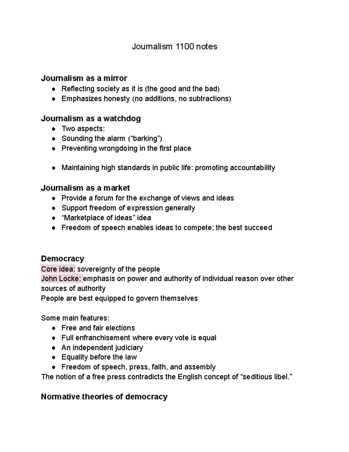 Journalism 1100 Lecture Notes: Functions, Ethics, and Democracy - Studocu