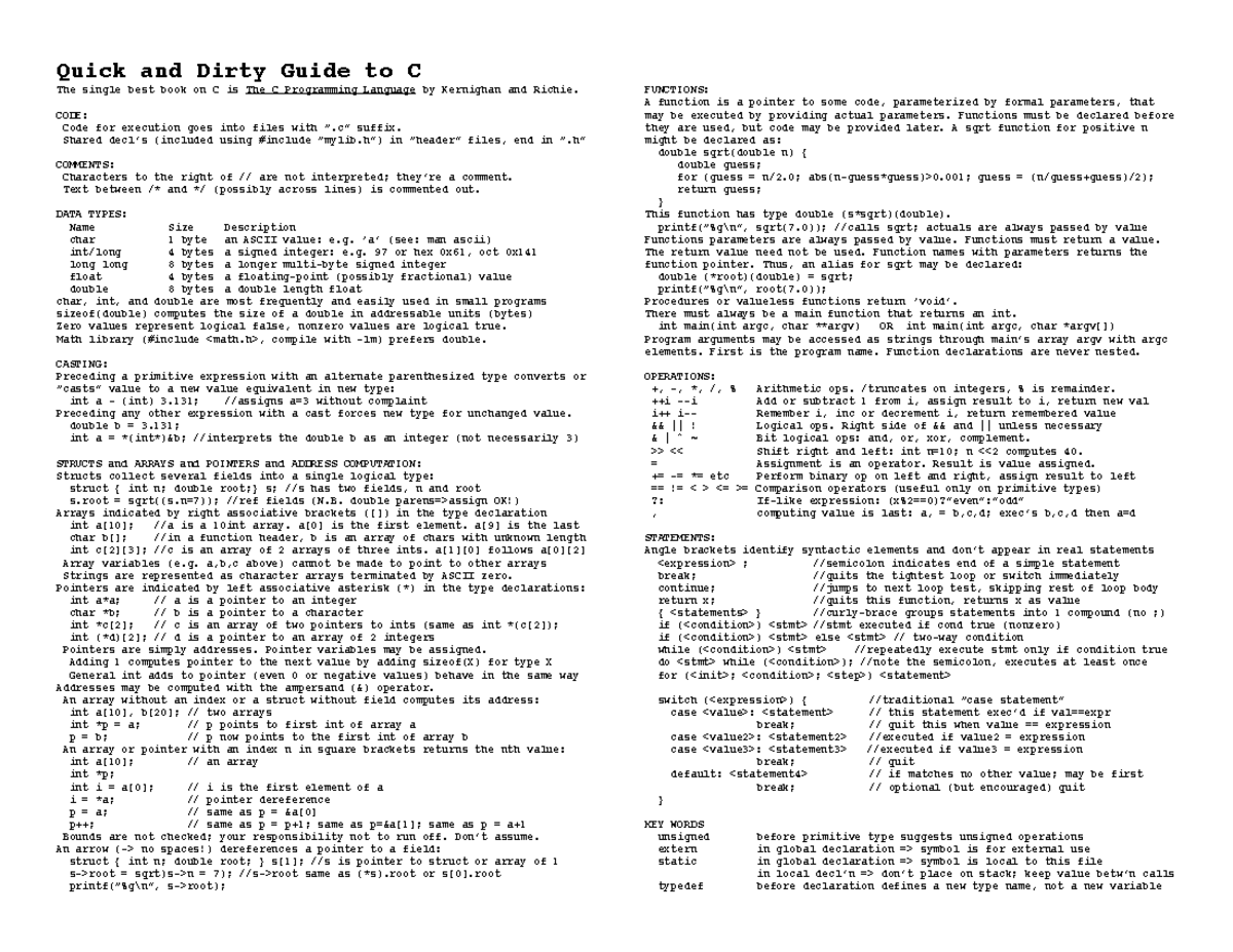Cheatsheet-c - Reference cheat for the C programming language - Quick and Dirty Guide to C The ...