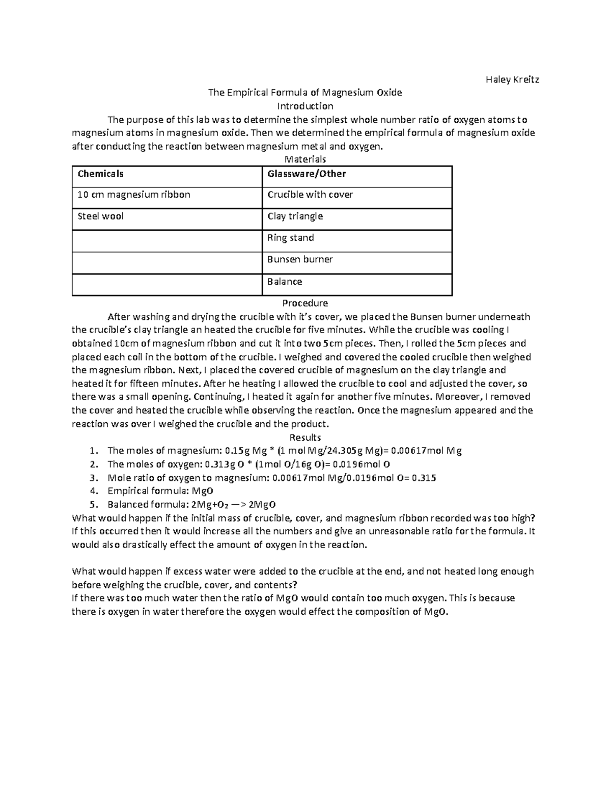 CHEM2051F22 Empirical Formula of Magnesium Oxide Lab Report - Studocu