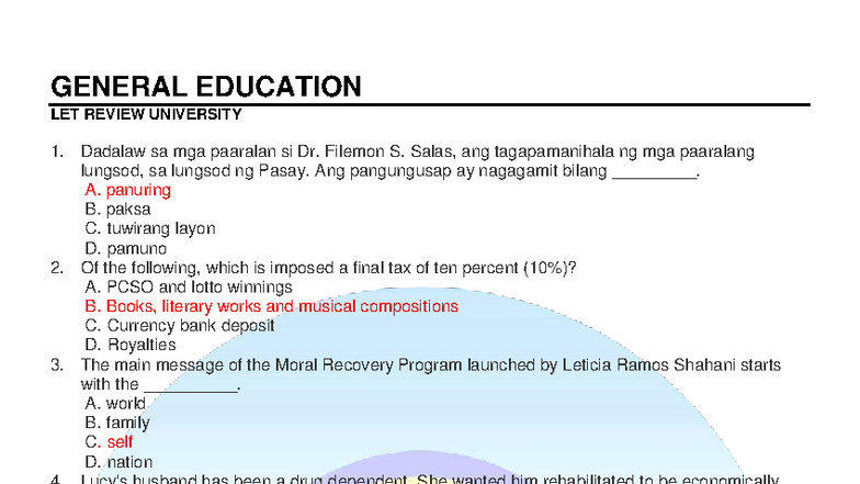 GENERAL EDUCATION LET REVIEW: Sample Questions and Answers - Studocu