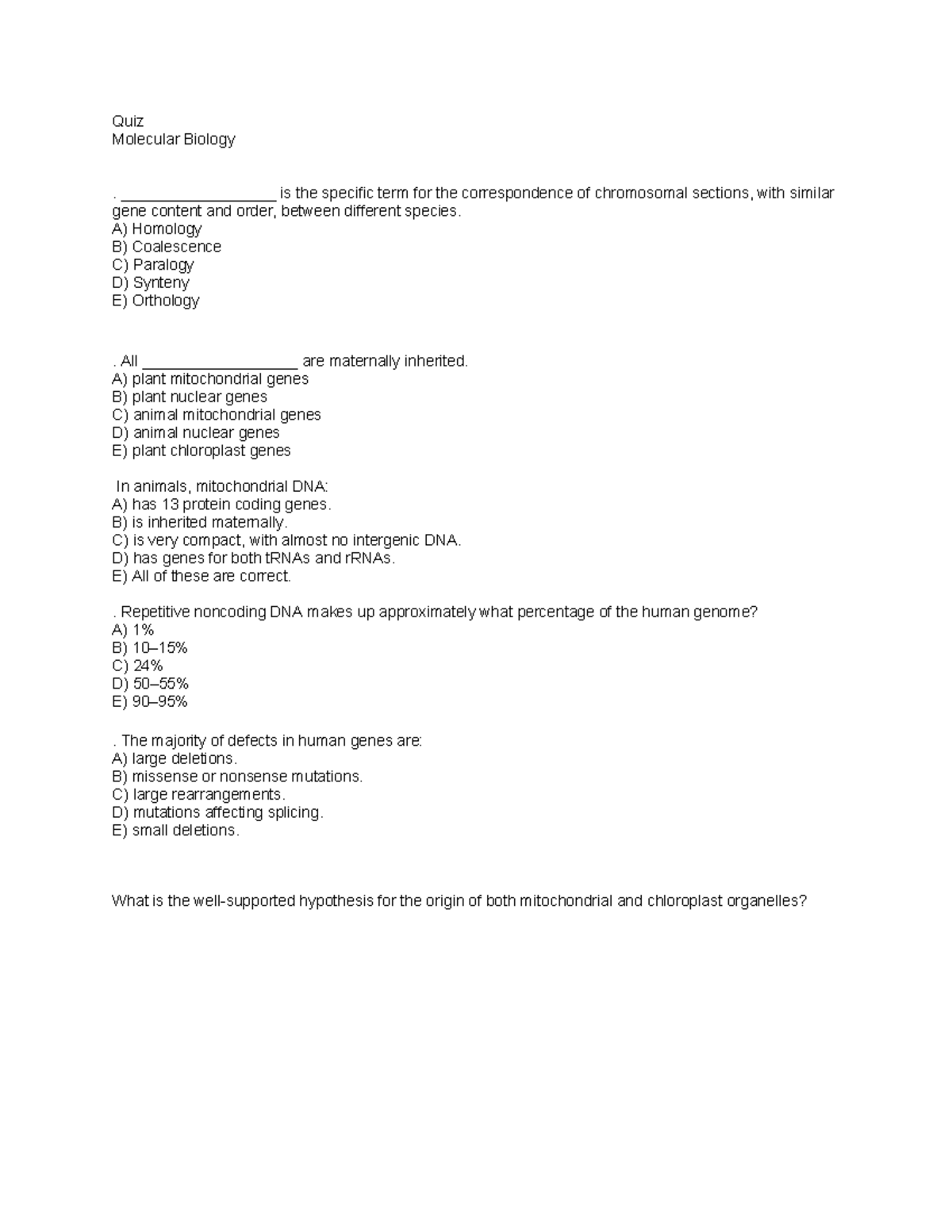Quiz 2 - Molecular Biology Practice Materials and Questions - Studocu