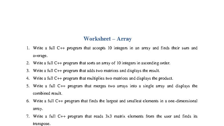 Array Worksheet - Programming Exercises for Arrays and Matrices - Studocu