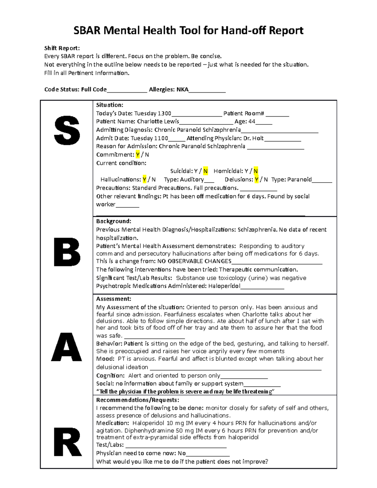 SBAR Tool Schizophrenia - SBAR Mental Health Tool for Hand-off Report ...