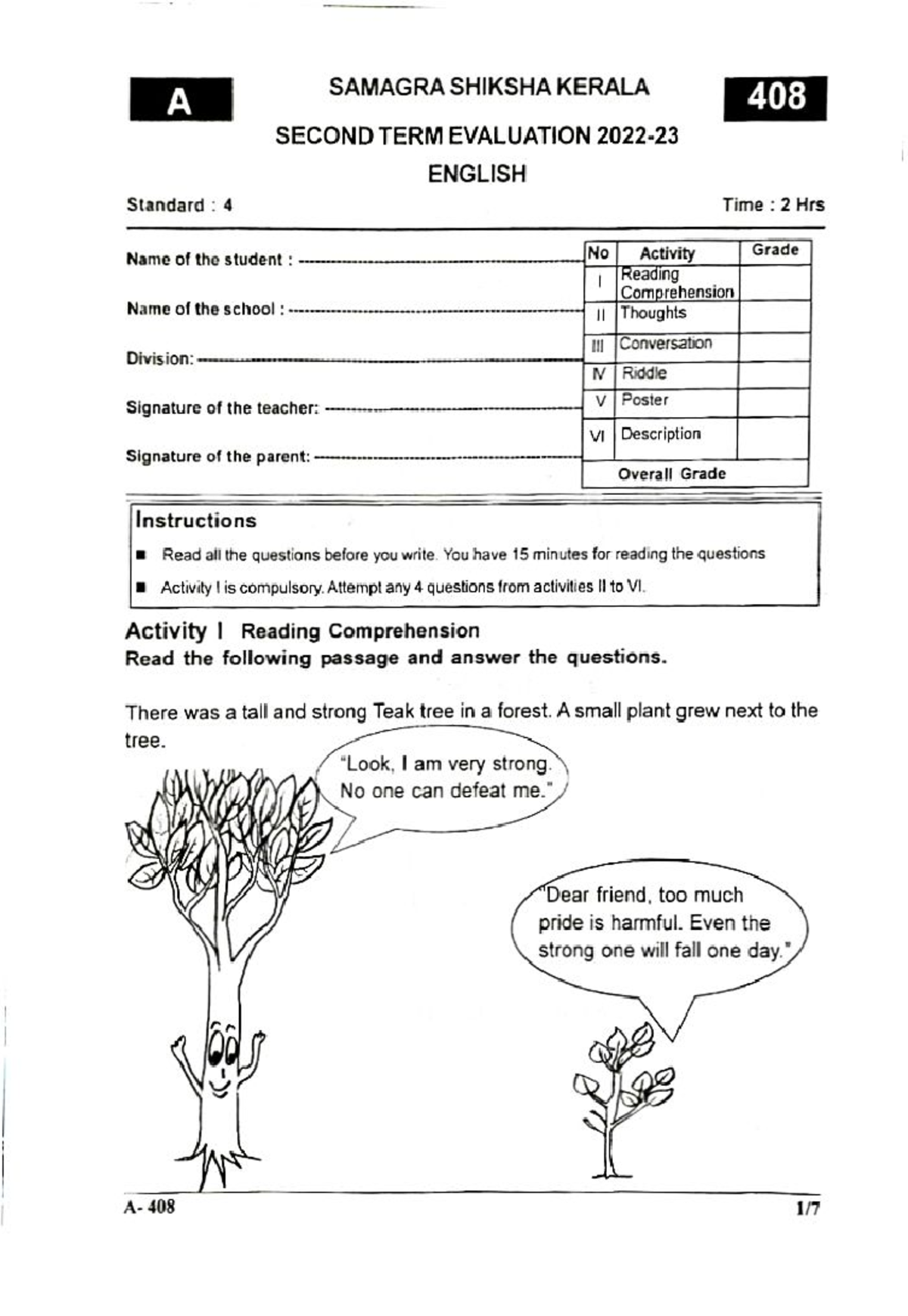 Kerala A 408 Second Term Exam 2022: STD IV English Evaluation - Studocu