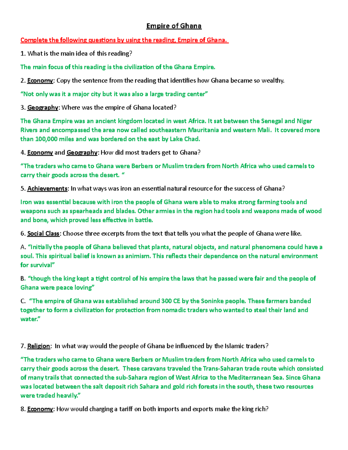 Questions on the Empire of Ghana Reading for Submission - Studocu