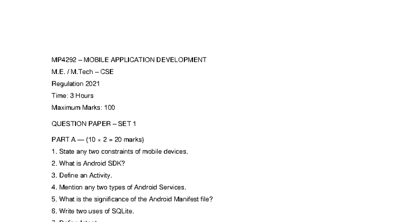 MP4292 Mobile Application Development Question Paper Set 1 & 2 - Studocu